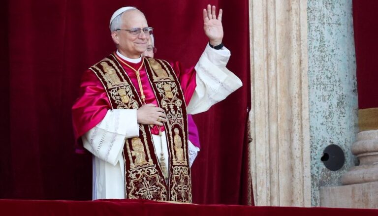 New Pope Leo XIV greets with peace