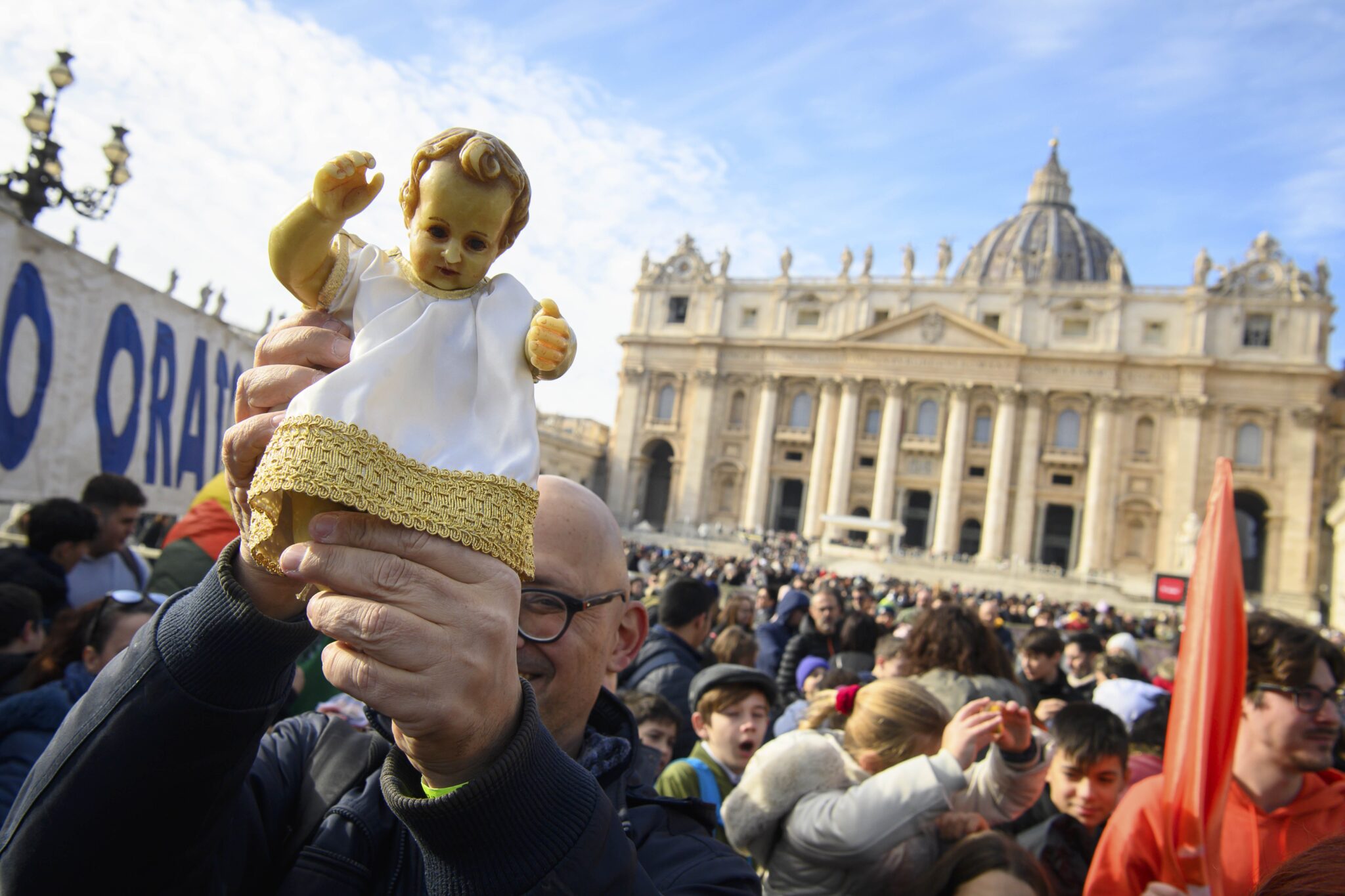 The Pope blesses a sea of figures of the Baby Jesus
